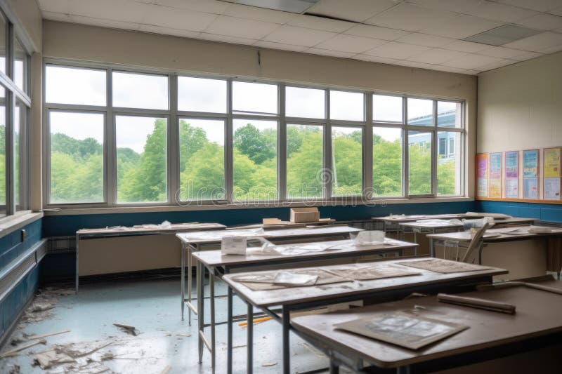 A Teacher S Empty Classroom with a View of the School Yard, Desks ...