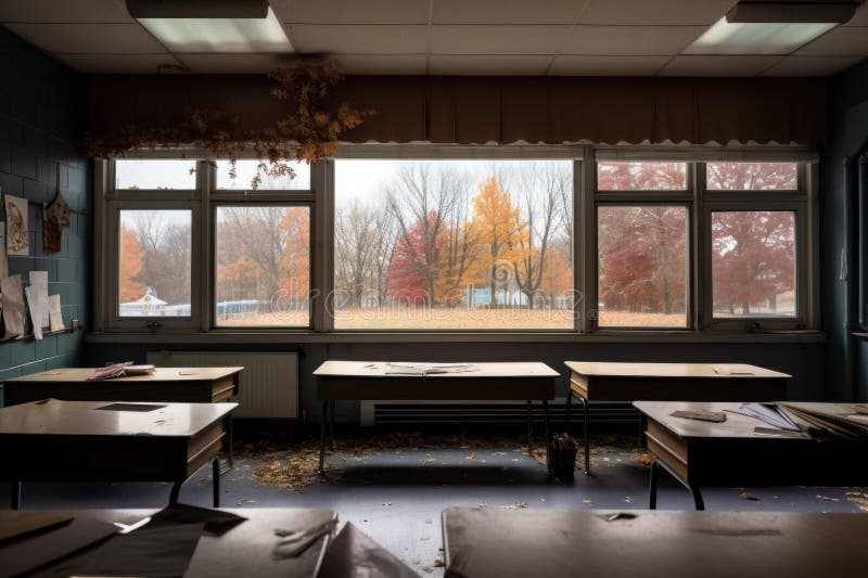 A Teacher S Empty Classroom with a View of the School Yard, Desks ...