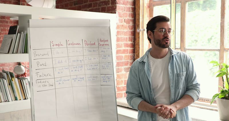 Teacher Teaches Audience English Tenses Shown on Flipchart Stock Video ...