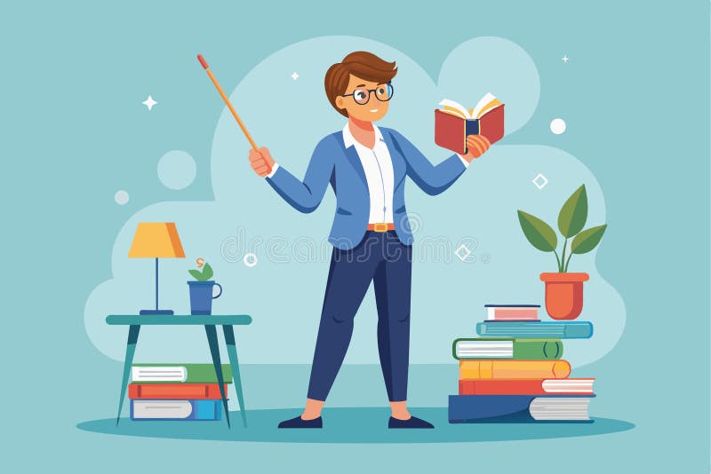 A Teacher Stands Confidently, Holding a Book and Pointer in a Vibrant ...