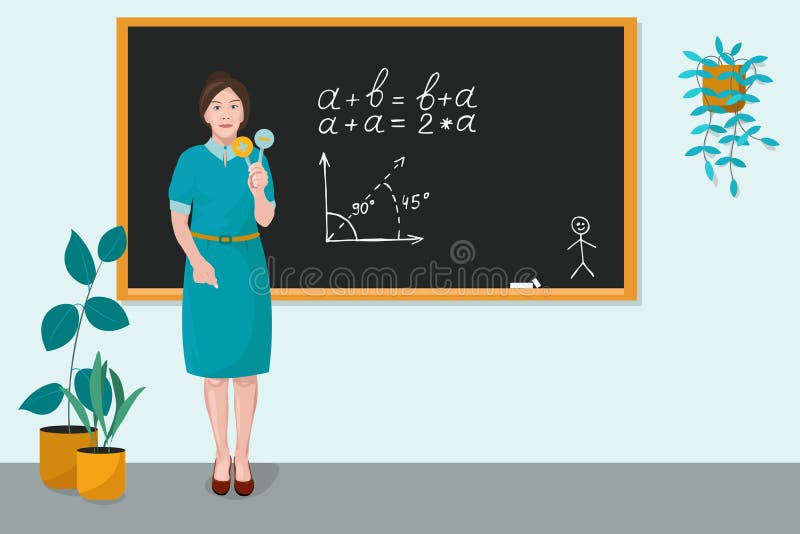 A Teacher Stands Near The Blackboard In The Classroom And Teaches A