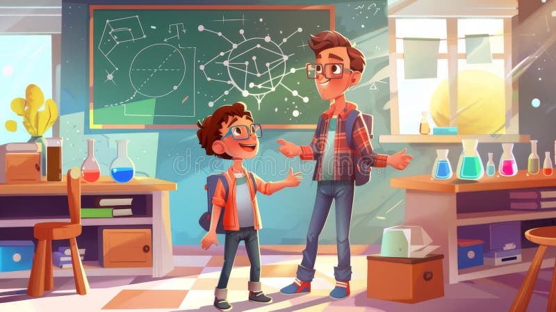 The Teacher and the Student Learn Chemistry in Class. the Private Tutor and Child Receive One-on ...