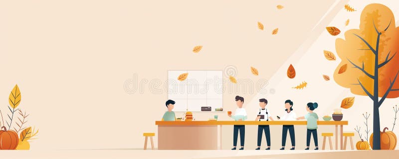 Teacher and Students in Autumn-themed Classroom, Flat Design ...