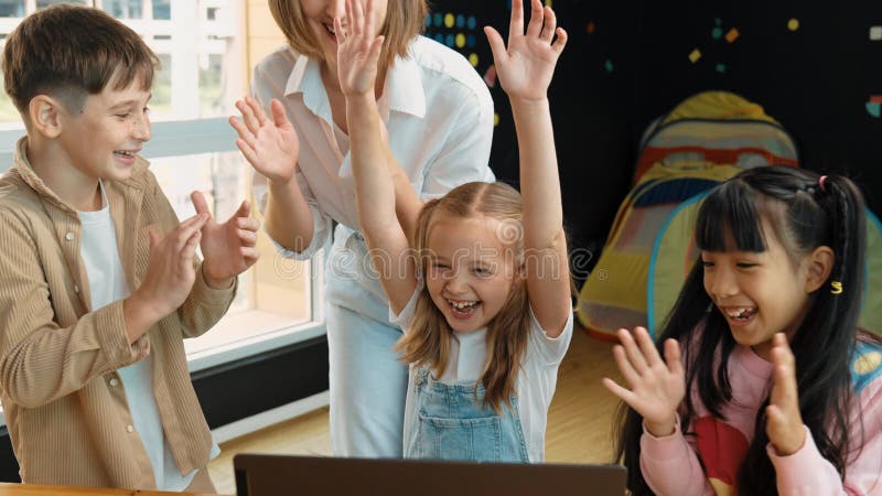 Clapping, Science and Happy Group of Kids in Experiment, Education or ...