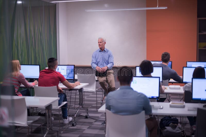 Teacher and Students in Computer Lab Classroom Stock Image - Image of ...