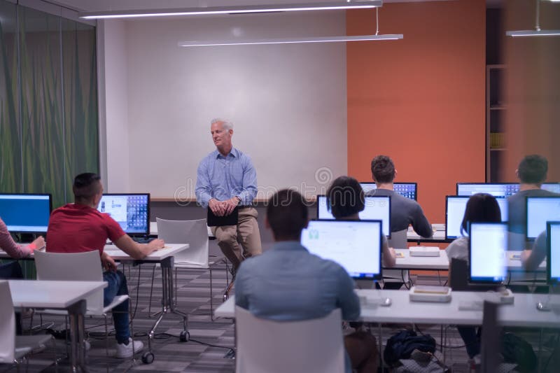 Teacher and Students in Computer Lab Classroom Stock Image - Image of ...