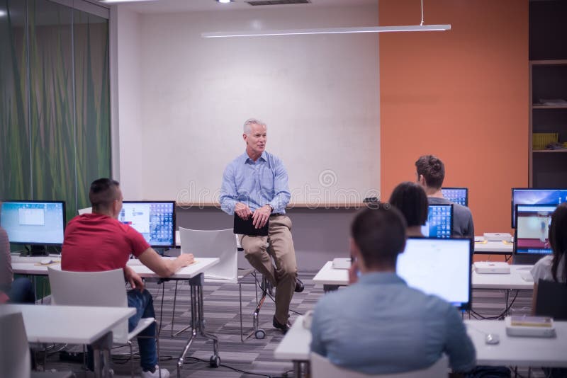 Teacher and Students in Computer Lab Classroom Stock Image - Image of ...