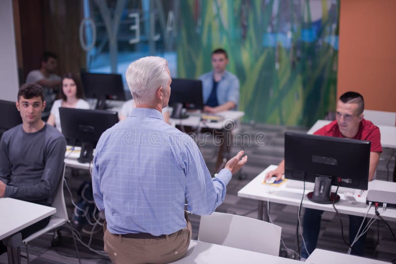 Teacher and Students in Computer Lab Classroom Stock Image - Image of ...