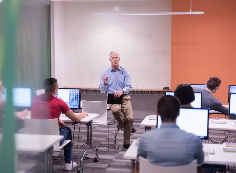 Teacher and Students in Computer Lab Classroom Stock Image - Image of ...