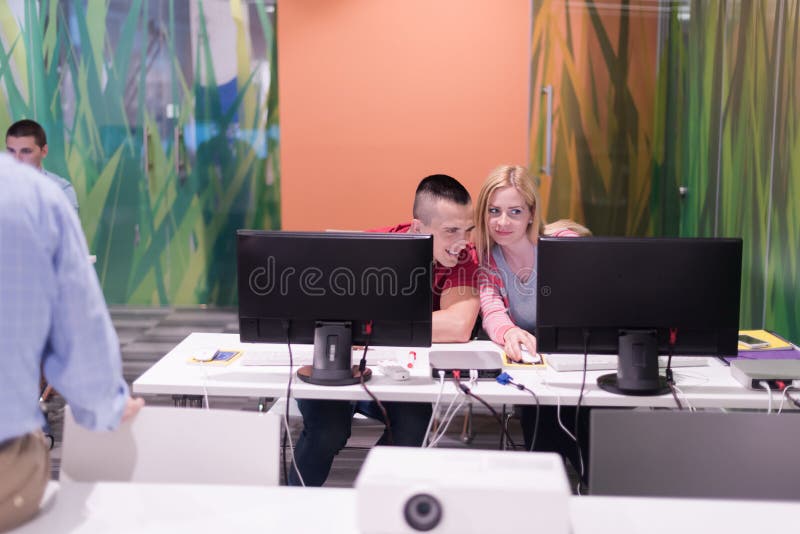 Teacher and Students in Computer Lab Classroom Stock Image - Image of ...