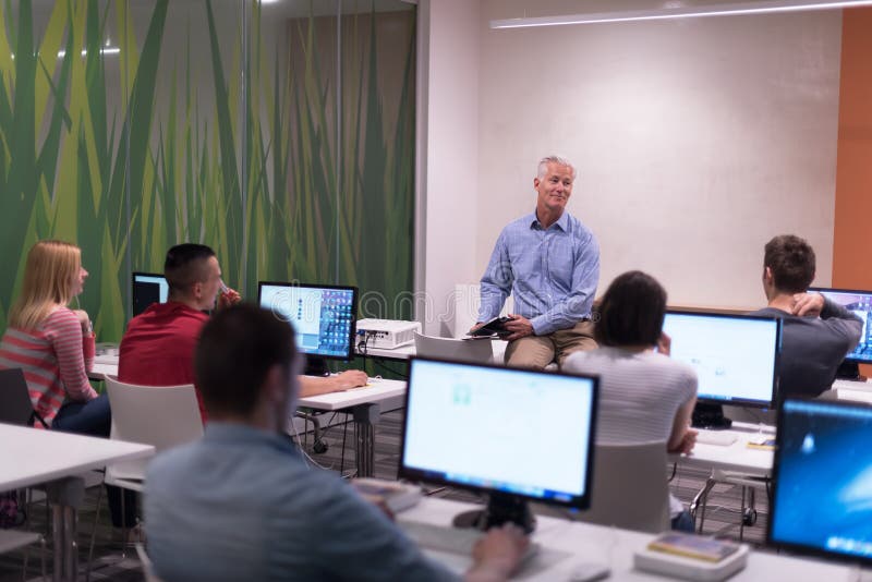 Teacher and Students in Computer Lab Classroom Stock Photo - Image of ...