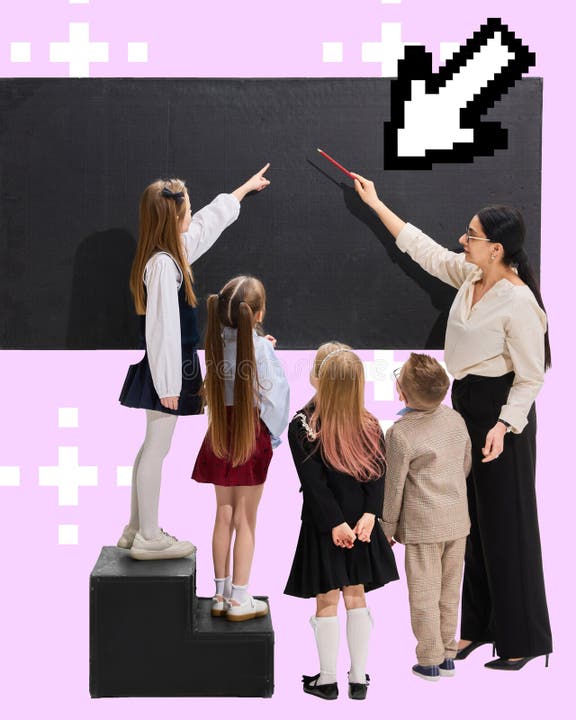 Teacher and Students Pointing at Blackboard, with Cursor, in Stylized ...