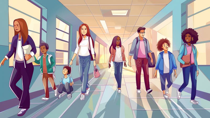 Teacher and Students Walking in the Corridor at School, Including a ...