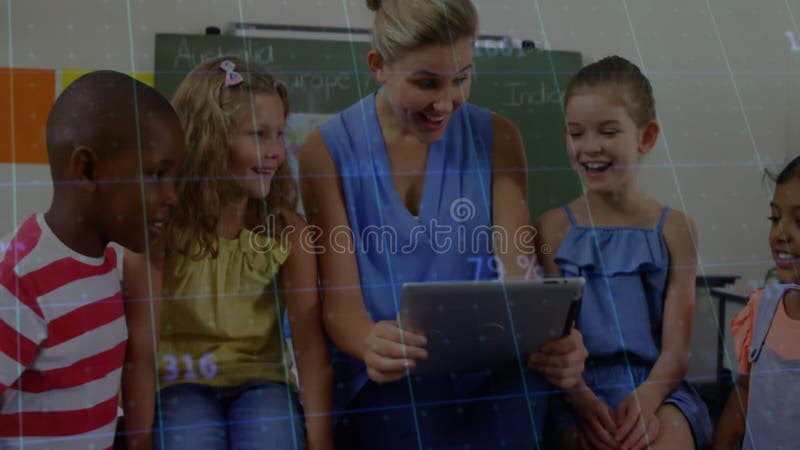 Teacher Tapping Tablet in Classroom, Showing Educational Map Animations ...