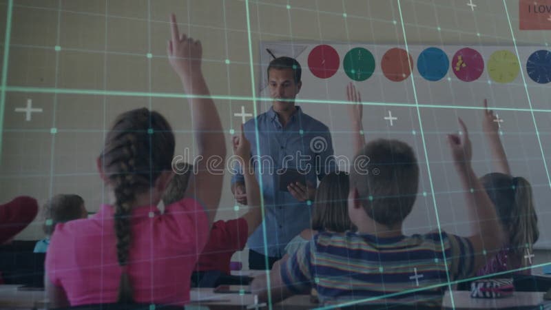 Teacher Tapping Tablet and Guiding Students through Hand Raising in ...