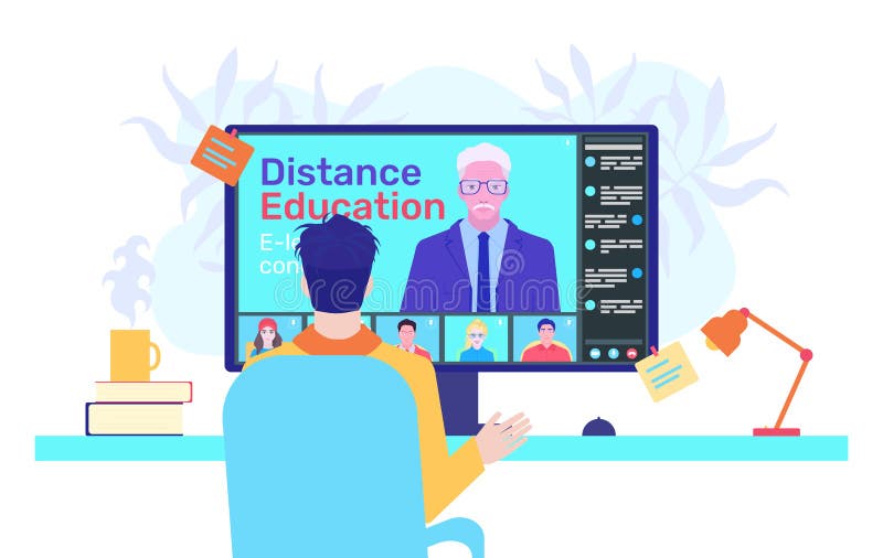 Teacher Teaches Online Student at Computer. Old Man Teacher on Monitor ...