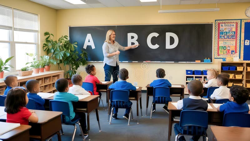 A Teacher is Teaching a Child To Spell Abcd Stock Illustration ...