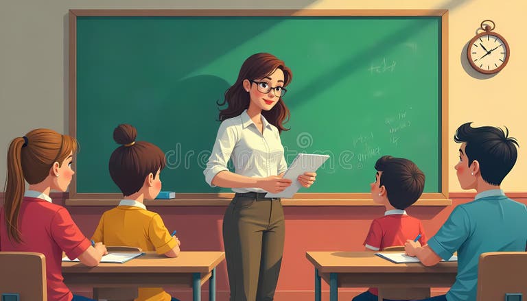 A Teacher Teaching Students in a Classroom, with a Clock on the Wall ...