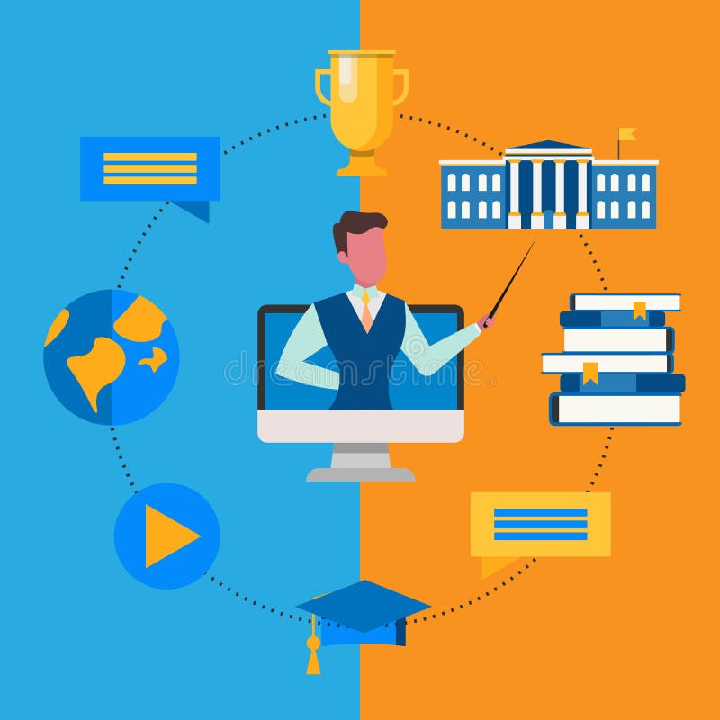 Teacher Teaching Though Computer Screen Over Orange and Blue Background ...