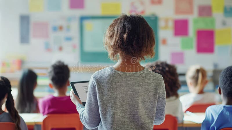 Teacher Using a Tablet To Teach a Math Lesson To Students in a Modern ...