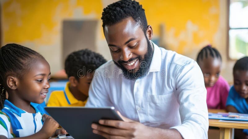 Teacher Using a Tablet To Teach a Math Lesson To Students in a Modern ...