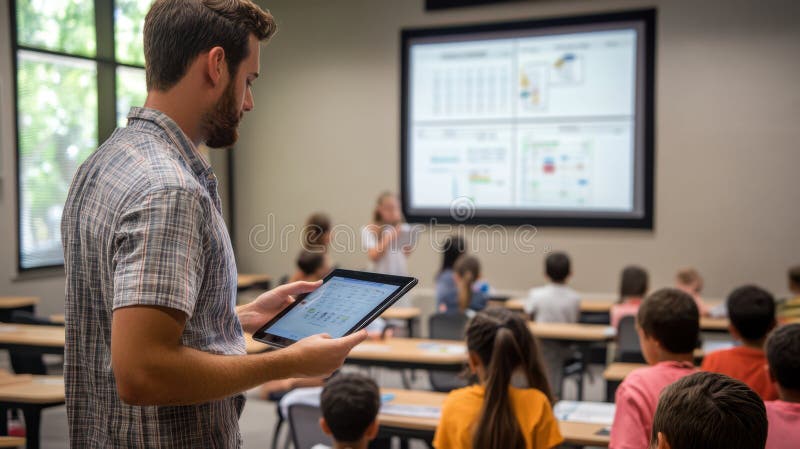 Teacher Using a Tablet To Teach a Math Lesson To Students in a Modern ...