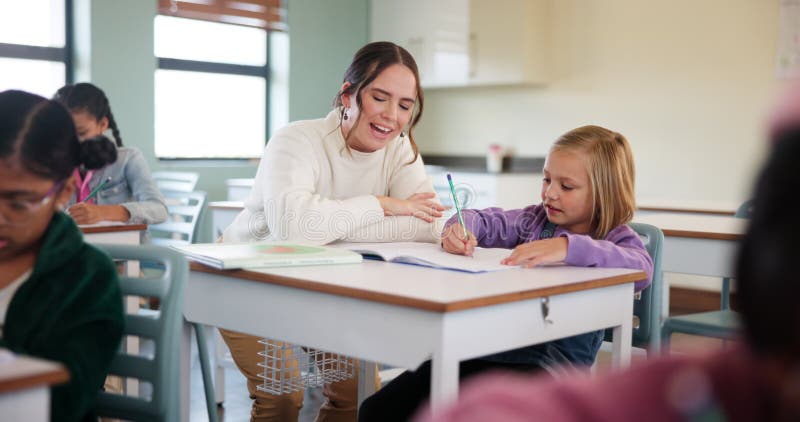 Teacher, Woman and Help Kid for Education, Studying or Writing ...