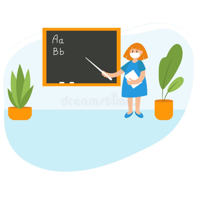 Teacher Woman Wearing A Mask In Class Near The Blackboard And Flowers