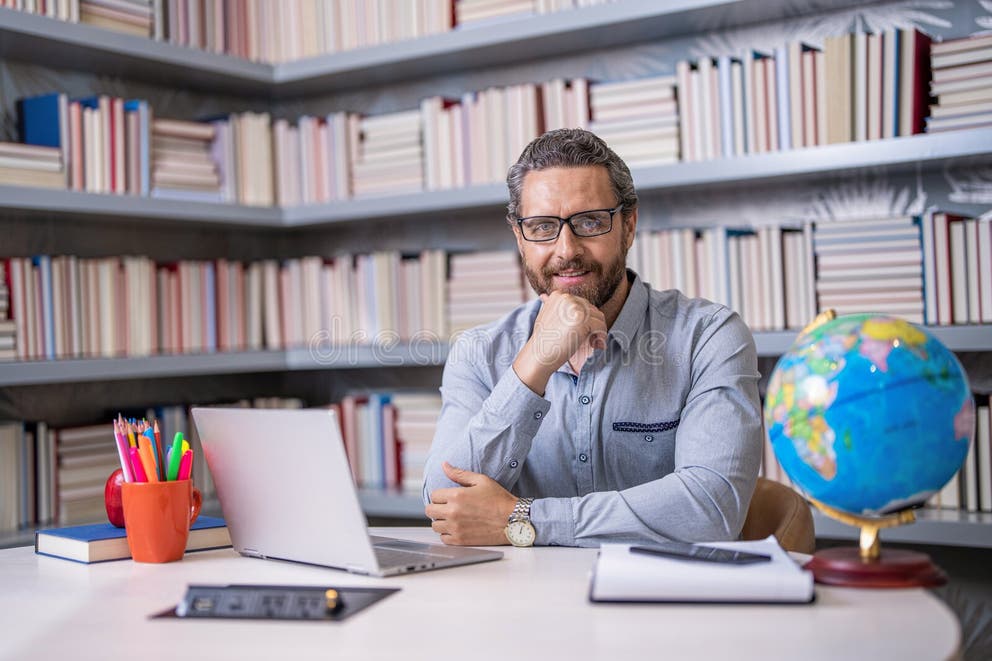 Teacher Work on Laptop. Teacher Do Remote Education with Classes. Remote School Education Stock ...