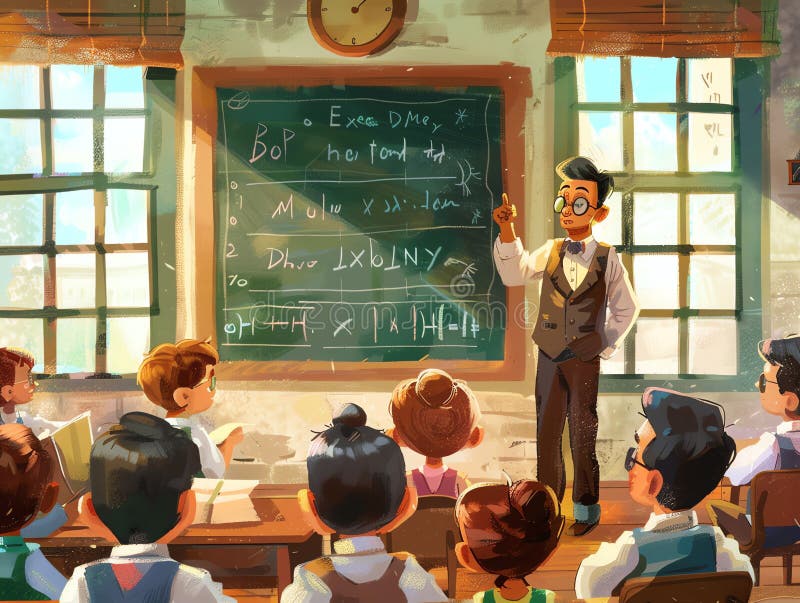 Teacher Writing on Chalkboard in Classroom with Students, Education ...