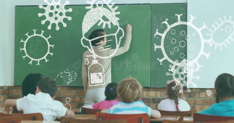 Teacher Writing on Chalkboard in Classroom, Students Learning with ...