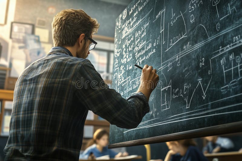 Teacher Writing Complex Formula and Diagram on Blackboard in Classroom ...
