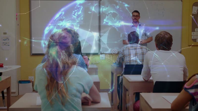 Teacher Writing Formula in Classroom, Spawning Rotating Globe ...