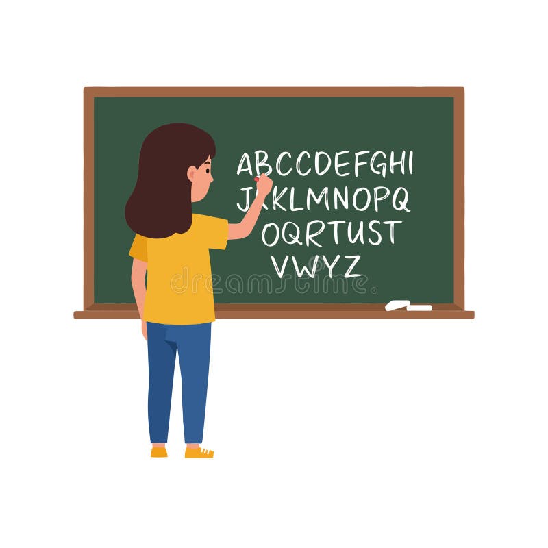 Teacher Writing Letters on Chalkboard in Flat Vector Illustration Stock ...