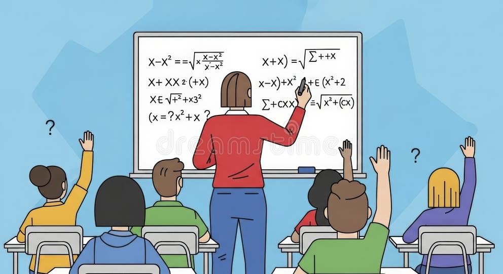 Teacher Writing Math Equations on a Whiteboard for Students Raising ...