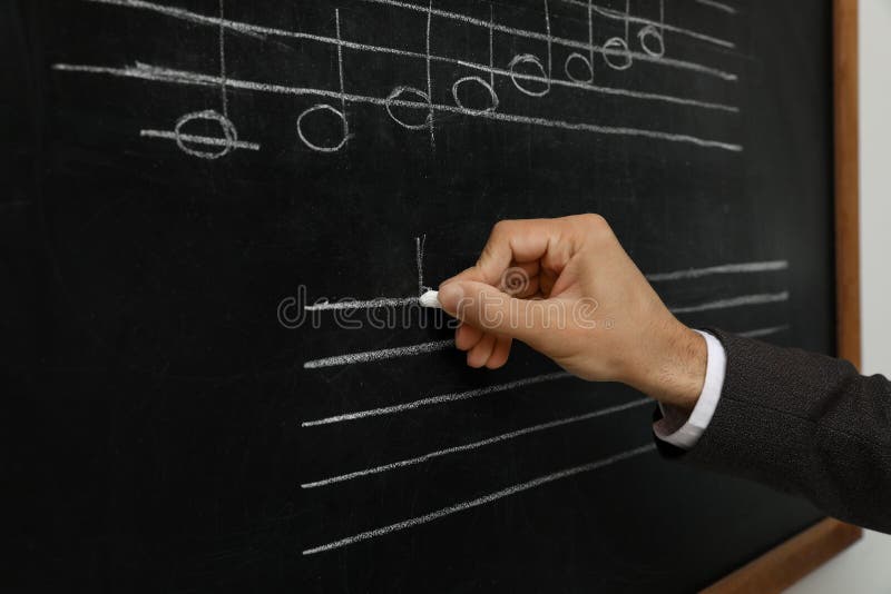 Teacher Writing Music Notes with Chalk on Blackboard, Closeup Stock ...