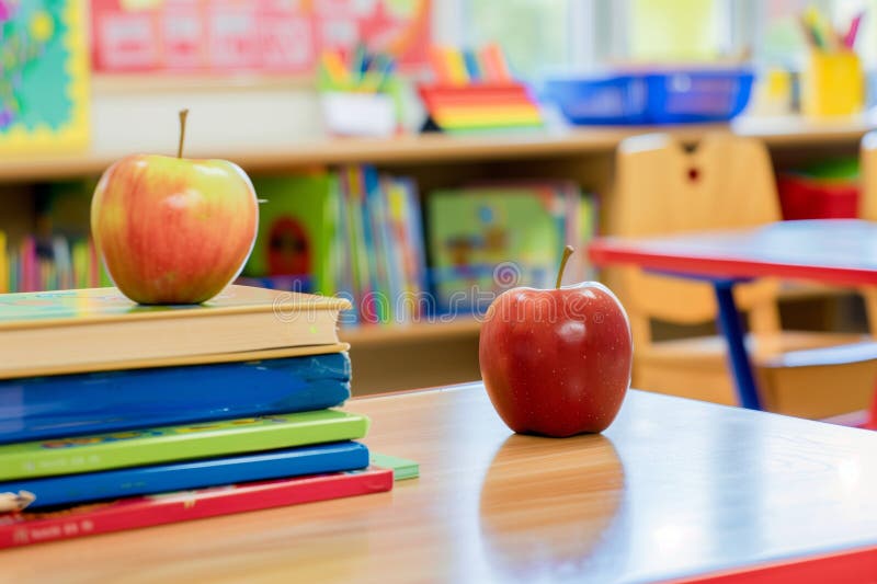 Teachers Desk with a Stack of Childrens Books and Apple in a Classroom ...