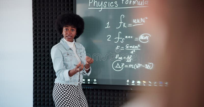 Teaching, Black Woman and Writing on Smart Board for Physics or Interactive Math Lecture ...