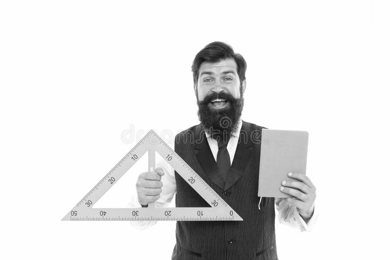 Teaching Geometry. Bearded Man Use Ruler. Education Concept. Drawing ...