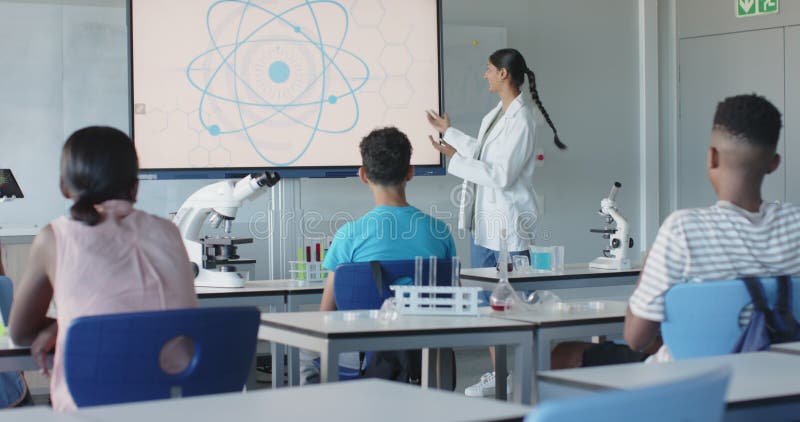 Teaching Science, Instructor in Lab Coat Presenting To Students in ...
