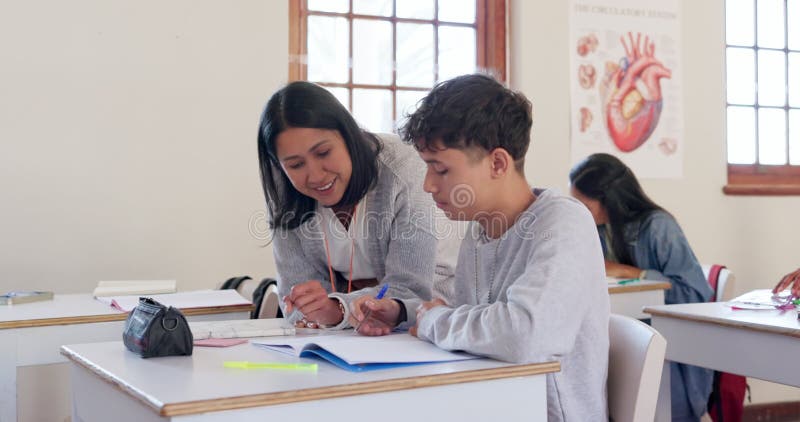 Teaching, Student and Teacher with Help, Classroom and Notebook with ...