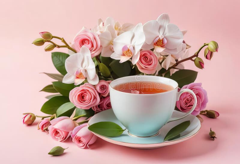 A Teacup Filled with Roses and Orchids on a Pastel Pink Background ...