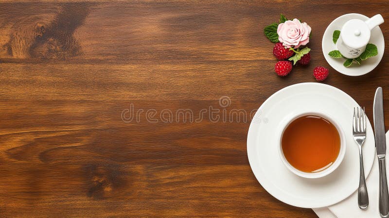 Teacup, Raspberries, Rose, Wood Table, Menu, Overhead Stock Image ...