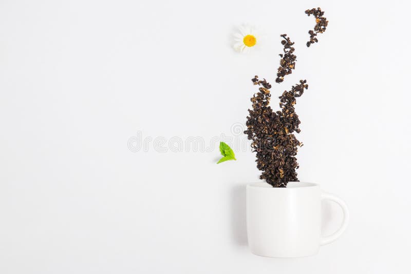 Teacup and Scattered Red Tea Leaves in Steam Shape. Mockup with Premium ...