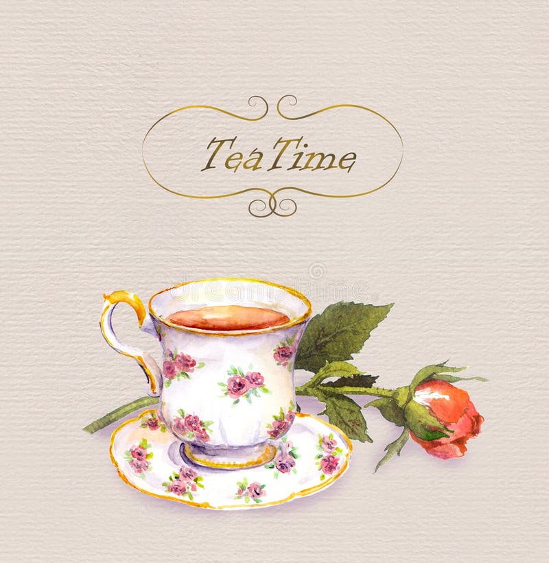 Teacup with Tea, Rose Flower. Watercolour Postcard Stock Illustration ...