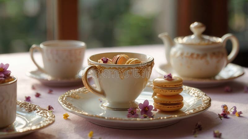 Teacup with Two Cookies on a Saucer, Elegant Tea Service Setup on Table ...