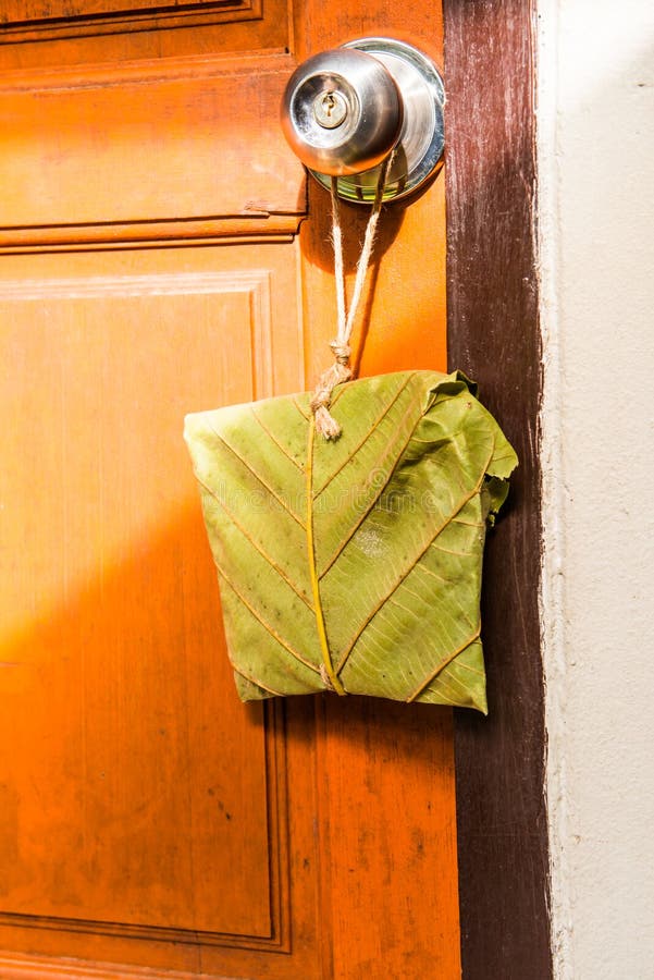 Teak Leaf Package on the Door Stock Image - Image of basic, thai: 187612561