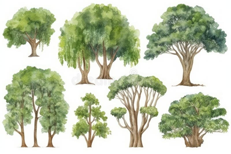 Teak Tree Forest Collection: Hand-Drawn Watercolor Trees . Stock ...