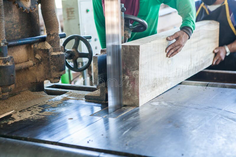 Teak Wood Trimming with Band Saw at Sawmill in Workshop Stock Photo ...