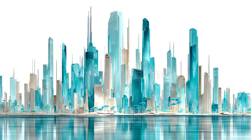 Teal and Aqua City Skyline Reflection Stock Illustration - Illustration ...